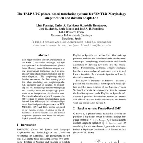 The Talp Upc Phrase Based Translation Systems For Wmt12 Morphology Simplification And Domain