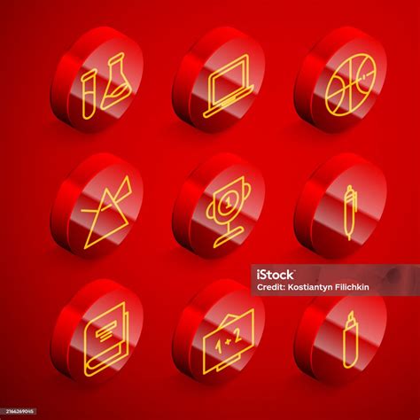 테스트 튜브 및 플라스크 노트북 농구 공 프리즘의 광선 수상 컵 펜 책 및 칠판 아이콘을 설정합니다 벡터 3차원 형태에 대한