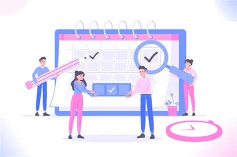 계획 및 일정 개념을 예약합니다 거대한 달력 프로젝트 개발 및 시간 관리 벡터 일러스트레이션을 계획하는 젊은이 또는 근로자 개념에 대한 스톡 벡터 아트 및 기타 이미지