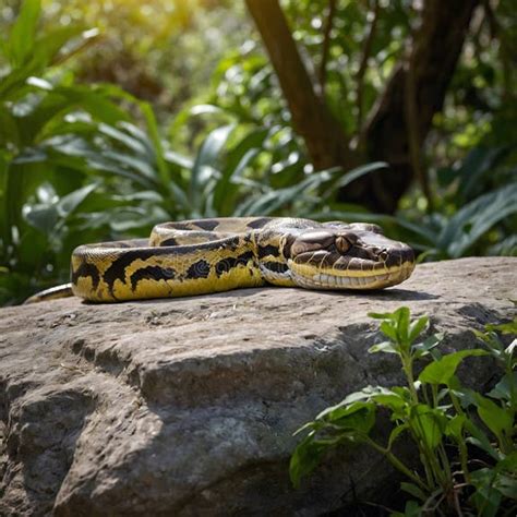 Reticulated Python Relaxing In A Sunlit Clearing Surrounded By Lush