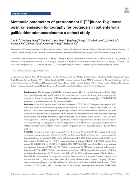 Pdf Metabolic Parameters Of Pretreatment 2 [18f]fluoro D Glucose Positron Emission Tomography