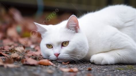 잎이 있는 바닥에 누워 있는 흰 고양이 바닥에 누워 있는 흰 고양이의 뒷모습을 클로즈업 고화질 사진 사진 고양이 배경 일러스트 및 사진 무료 다운로드 Pngtree