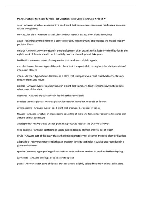Plant Structures For Reproduction Test Questions With Correct Answers Graded A Plant