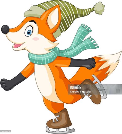 아이스 스케이팅에 스카프와 모자를 쓴 귀여운 여우 만화 가을에 대한 스톡 벡터 아트 및 기타 이미지 가을 겨울 공휴일 Istock