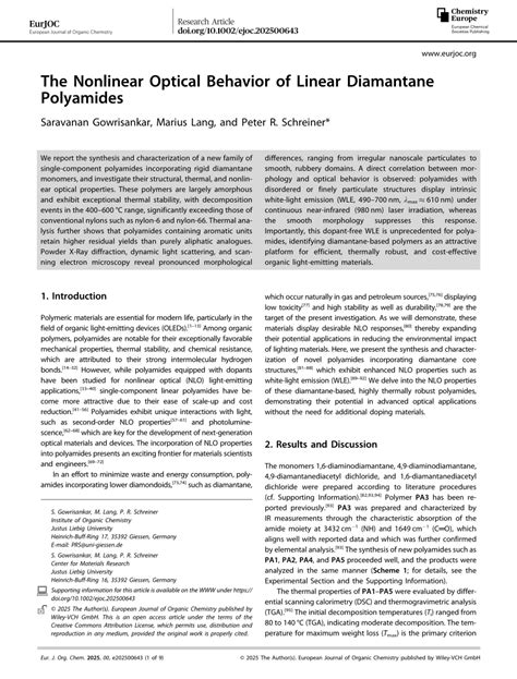 Pdf The Nonlinear Optical Behavior Of Linear Diamantane Polyamides