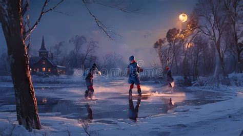 Ice Skaters On A Frozen Pond At Sunset Stock Illustration