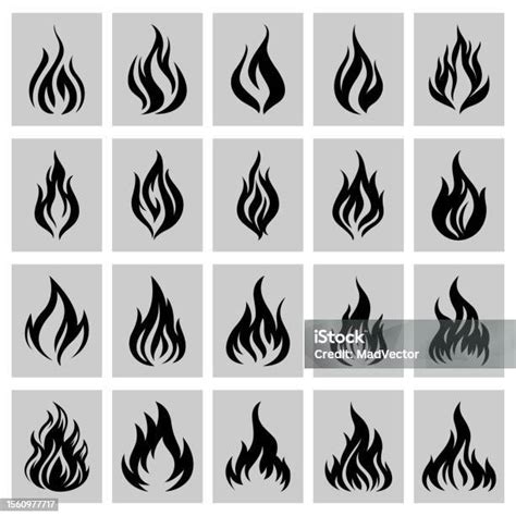 플랫 벡터 흑백 불 불꽃 실루엣 아이콘 세트 모닥불 모양 표지판 격리되어 있습니다 모닥불 수집 개념에 대한 스톡 벡터 아트 및 기타 이미지 Istock