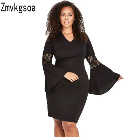 Zmvkgsoa Black Red Lace Bell Sleeve Sheath Dress For Women Plus Size