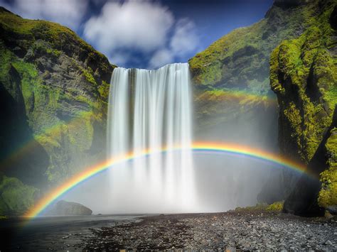 Skógafoss Moss Clad Waterfall With Double Rainbow Hd Wallpaper By Guy