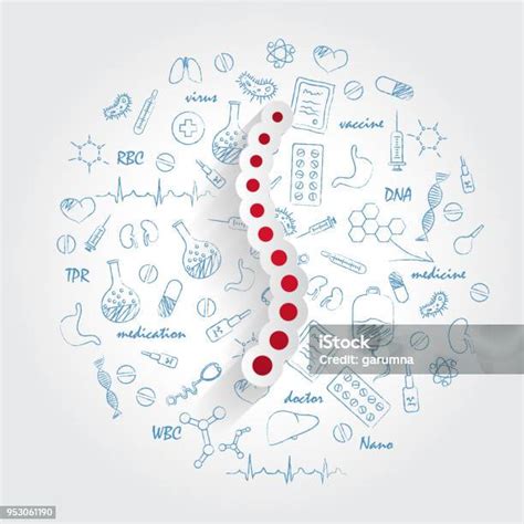 의료 특산품에 대 한 아이콘입니다 Vertebrology 그리고 척추 개념입니다 손으로 그린 의학 낙서와 벡터 일러스트 레이 션 건강관리와 의술에 대한 스톡 벡터 아트 및