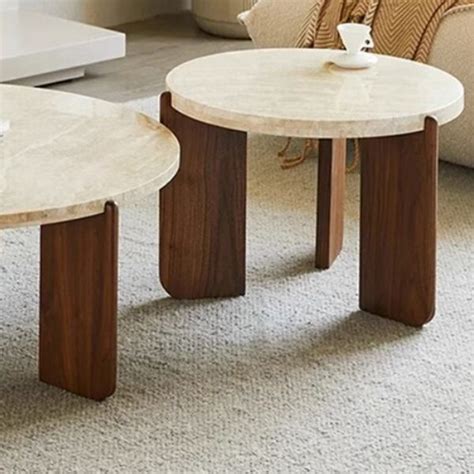 Unique White Marble Round Coffee Table With Three Leg Brown Wood Base Nutbrown 24l X 24w X