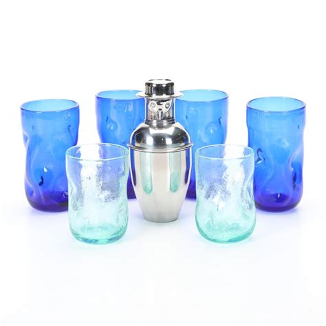 Blenko Cobalt Dimple Tumblers Crackle Aqua Dimple Glasses