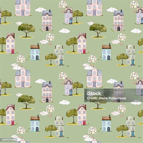 녹색 배경에 유럽 집과 완벽 한 패턴 기와 지붕이 있는 도시 복고풍 건물 손으로 그린 그림입니다 구시가지 수채화 벽지 엽서 포장 문구류 디자인 0명에 대한 스톡 벡터 아트