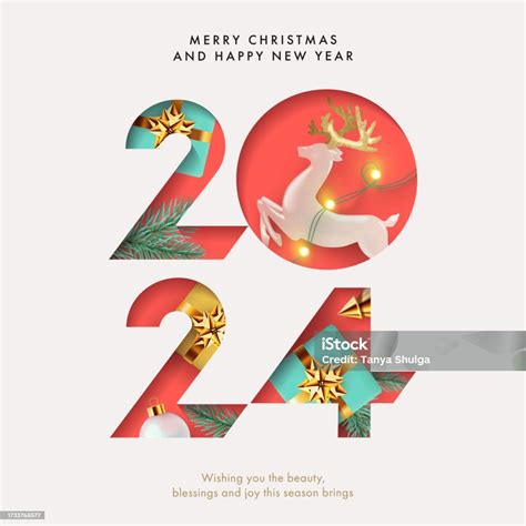 메리 크리스마스와 새해 복 많이 받으세요 2024번 크리스마스 트리 공 황금색 파란색과 흰색 선물 소나무 가지가 있는 종이 컷 스타일의 현대적인 디자인 크리스마스 카드