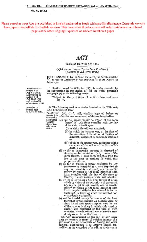 Wills Amendment Act 1965 2 No 1084 Government Gazette Extraordinary 14th April 1965 No 41