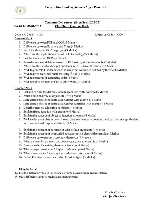 Co Py Of Oop Ct1 Qb 2022 23 Pimpri Chinchwad Polytechnic Nigdi Pune