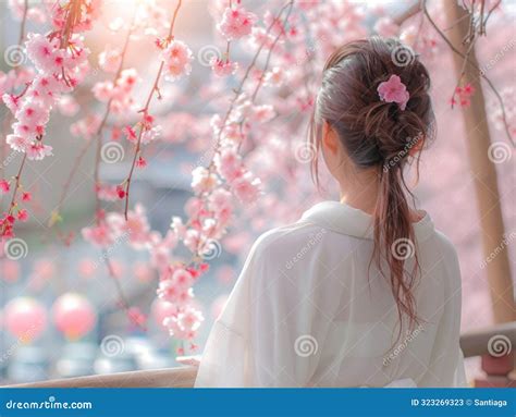 Scene Asian Beautiful Woman In Kimono Under Sakura Tree Stock Image Image Of Backdrop