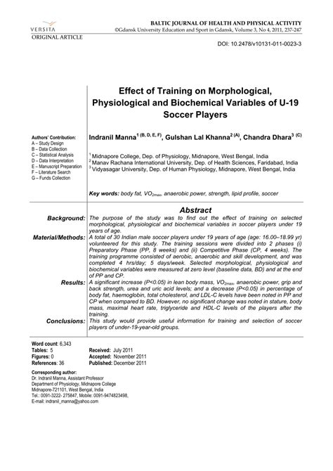 Pdf Effect Of Training On Morphological Physiological And Biochemical Variables Of U 19