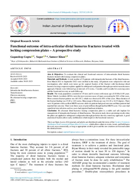 Pdf Functional Outcome Of Intra Articular Distal Humerus Fractures Treated With Locking