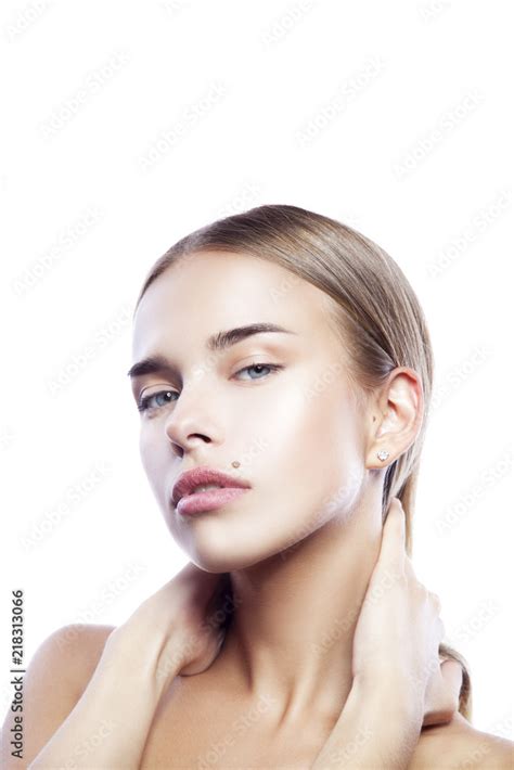 Beautiful Young Woman Model With Clean Fresh Skin Blonde Hair Nude Make Up Girl Beauty Face