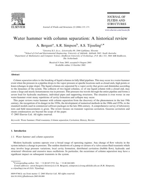 Water Hammer With Column Separation A Historical Review Pdf Pressure Liquids