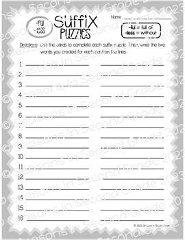 Suffix Puzzles Ful Less Cards Recording Sheet Practice Page
