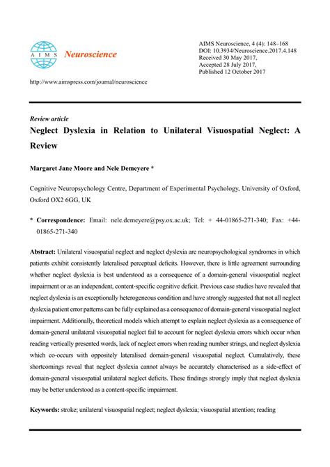 Pdf Neglect Dyslexia In Relation To Unilateral Visuospatial Neglect A Review