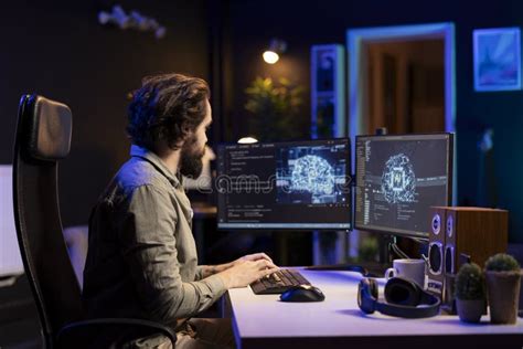 Developer Using Computer To Update Ai Machine Learning Algorithm Stock Image Image Of