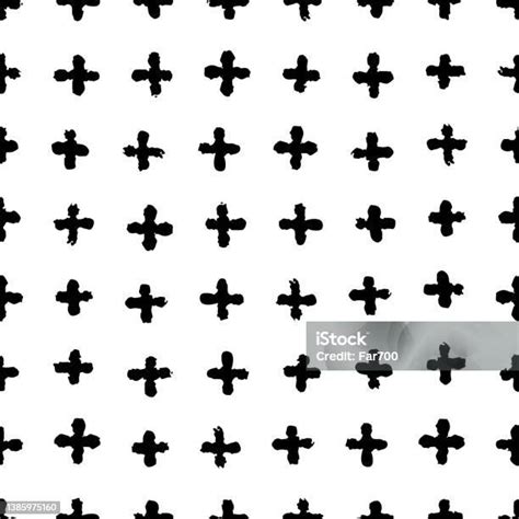 흰색 배경에 격리 된 작은 검은 색 잉크십자가와 플러스 흑백 기하학적 원활한 패턴 벡터 간단한 평면 그래픽 손으로 그린 그림 텍스처 패턴에 대한 스톡 벡터 아트 및 기타