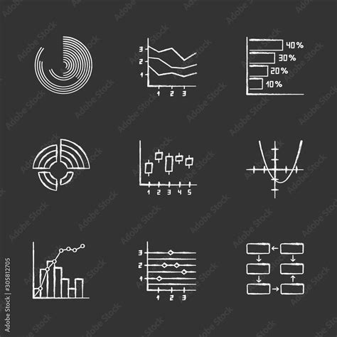 Chart And Graph Chalk Icons Set Horizontal Histogram Area Chart Function Curve Radial