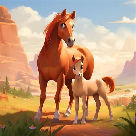 Una Yegua Con Su Potro Al Estilo Pixar Foto Premium