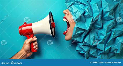 Hand Holds Megaphone Woman With Open Mouth Screaming Woman Head