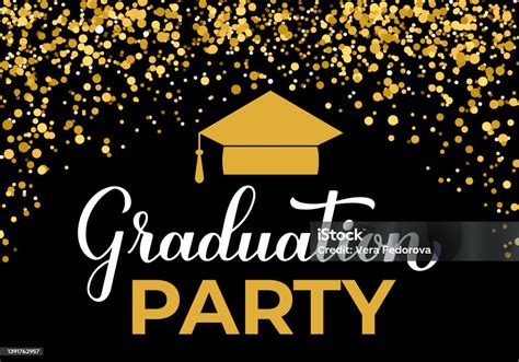 졸업 파티 배너 골드 색종이 무도회 장식 졸업생 타이포그래피 포스터를 축하드립니다 벡터 일러스트레이션 졸업 무도회에 대한 스톡 벡터 아트 및 기타 이미지 Istock