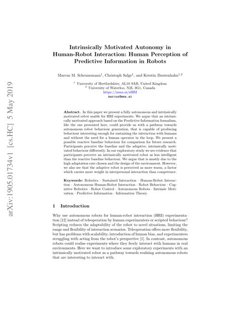 Pdf Intrinsically Motivated Autonomy In Human Robot Interaction Human Perception Of