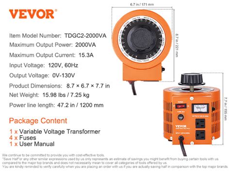 VEVOR 2000VA Auto Variable Voltage Transformer 15 3 110V Input 0 130V Output AC Voltage