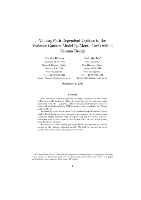 Valuing Path Dependent Options In The Gamma Bridge Claudia Ribeiro