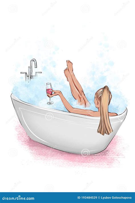 Hand Drawing Illustration The Girl Lies In The Bathroom With A Glass Of