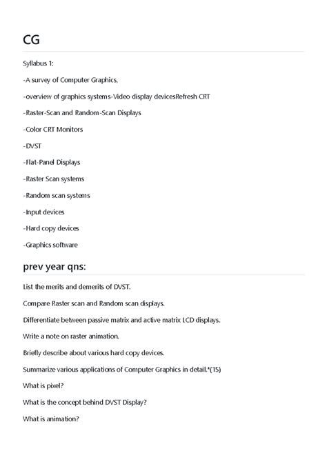 CG Unit Cg St Unit MGU Rd Sem CG Syllabus A Survey Of Computer Graphics Overview