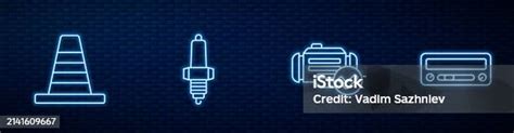 라인 체크 엔진 트래픽 콘 자동차 점화 플러그 및 오디오를 설정합니다 벽돌 벽에 빛나는 네온 아이콘입니다 벡터 건설 산업에 대한 스톡 벡터 아트 및 기타 이미지 Istock