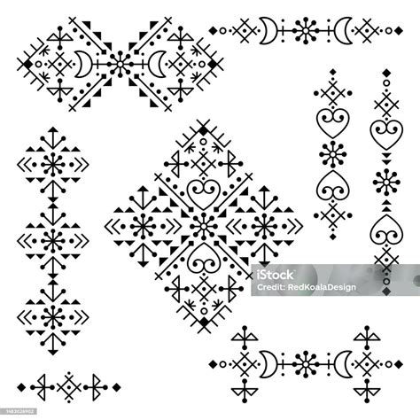 북유럽 아이슬란드 스타일의 기하학적 부족 라인 아트 벡터 흑백 디자인 컬렉션 바이킹 룬에서 영감을 받은 모노크롬 패턴 세트 검은색에 대한 스톡 벡터 아트 및 기타 이미지
