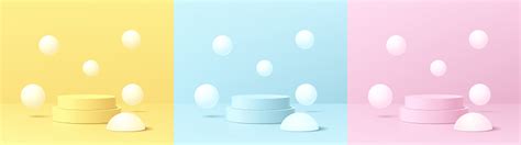 분홍색 노란색 파란색 3d 실린더 받침대 연단 배경에는 튀는 흰색 공이 있습니다 벽 최소 장면 모형 제품 무대 진열장 화장품 배너 프로모션 디스플레이 3d 추상 플랫폼 0