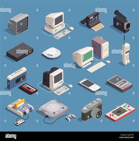 Different Retro Gadgets Isometric Icons Set With Computer Player