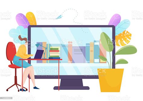 원격 온라인 대학 교육 과정 학생 여성 가정 학습은 흰색으로 격리된 지식 평면 벡터 삽화를 얻습니다 개념에 대한 스톡 벡터 아트 및 기타 이미지 Istock