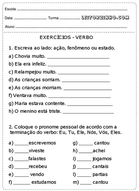 Atividades De Português 4° Ano Verbos SÓ Escola