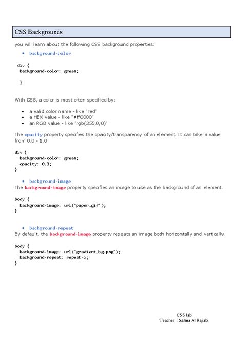 Css 2 Information Css Lab Css Backgrounds You Will Learn About The Following Css Background