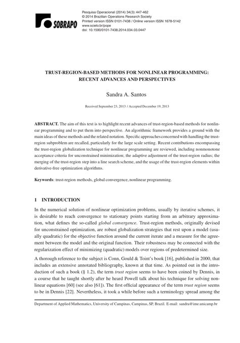 Pdf Trust Region Based Methods For Nonlinear Programming Recent Advances And Perspectives