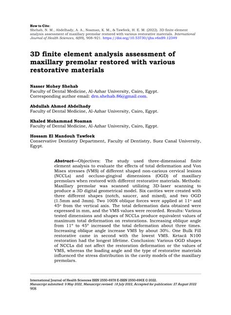 Pdf 3d Finite Element Analysis Assessment Of Maxillary Premolar Restored With Various