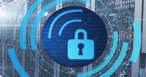 Image Of Circular Scanner Processing Wifi With Padlock Icon Over Server Room Stock Illustration