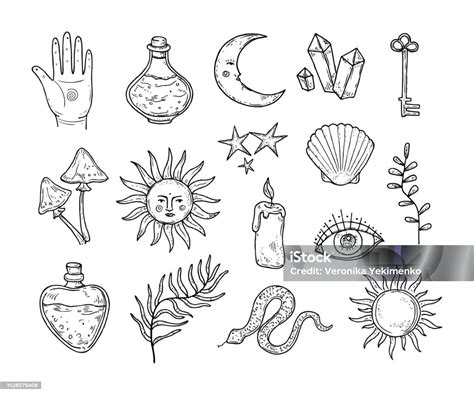 빈티지 스타일의 마법 오컬트 요소 편집 가능한 색상의 천문 스케치 아이콘입니다 달 하늘에 대한 스톡 벡터 아트 및 기타 이미지