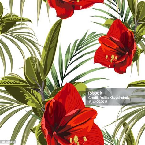 붉은 백합 꽃과 열 대 야자수 잎 아름 다운 피는 완벽 한 패턴입니다 0명에 대한 스톡 벡터 아트 및 기타 이미지 0명 꽃 나무 꽃 식물 Istock
